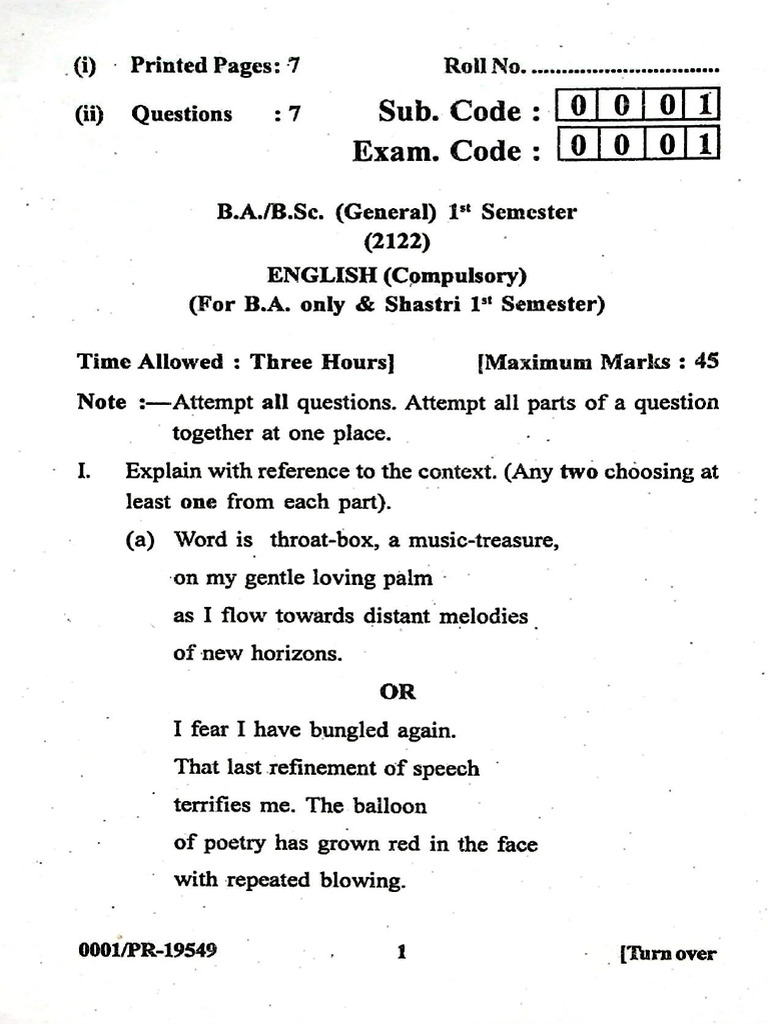 BA BSC General 1st Sem English Compulsory December 2022 | PDF