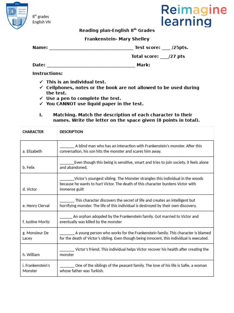 8th Grade English Test: Frankenstein Analysis | PDF | Frankenstein