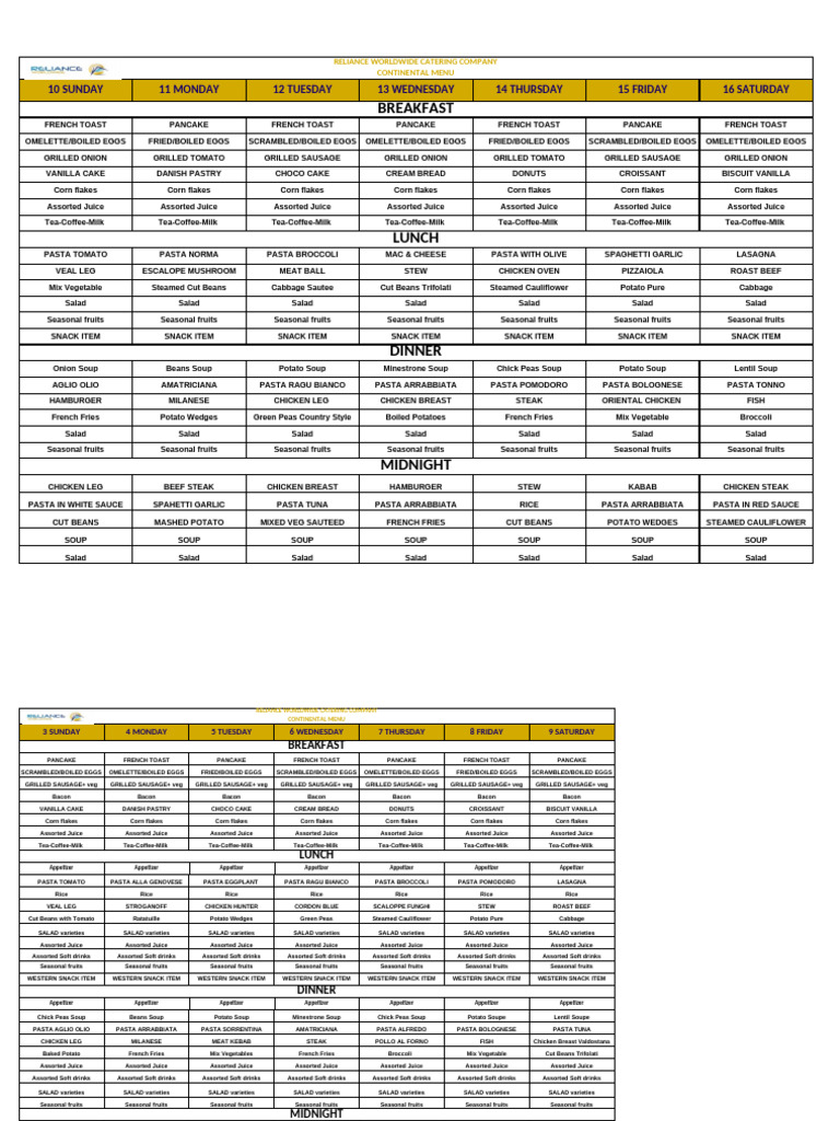 Weekly Continental Catering Menu | PDF | Salad | Pasta
