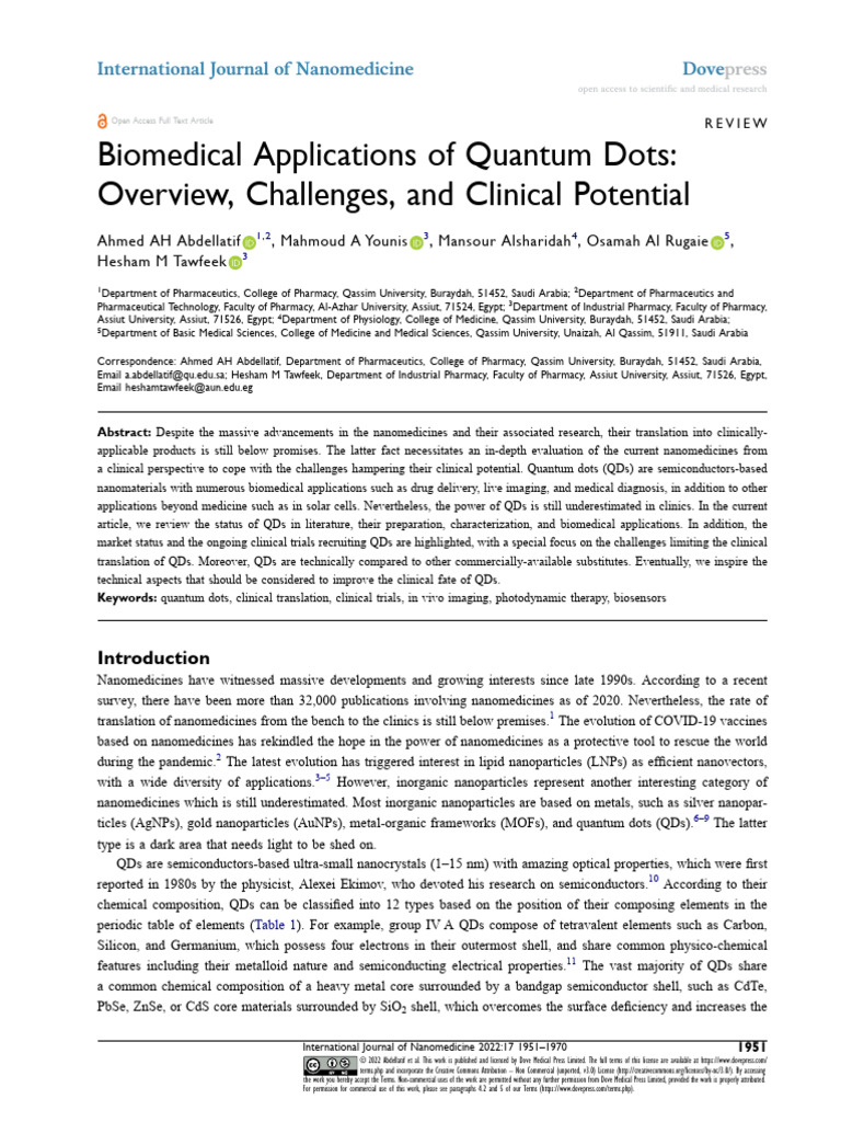 IJN 357980 Biomedical Applications of Quantum Dots Overview Challenge | PDF | Physical Sciences ...