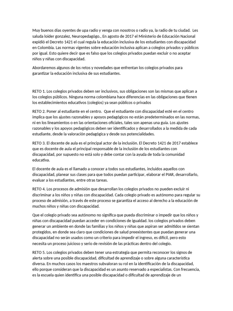 Retos de Inclusión en Colegios Privados | PDF | Invalidez | Inclusión ...