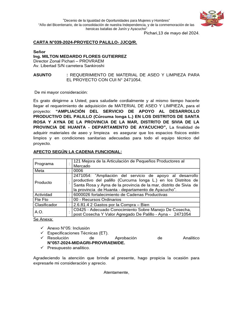 Carta N°039 - 2024 - Req. Adqui. Materiales Aseo y Limpieza | PDF | Higiene