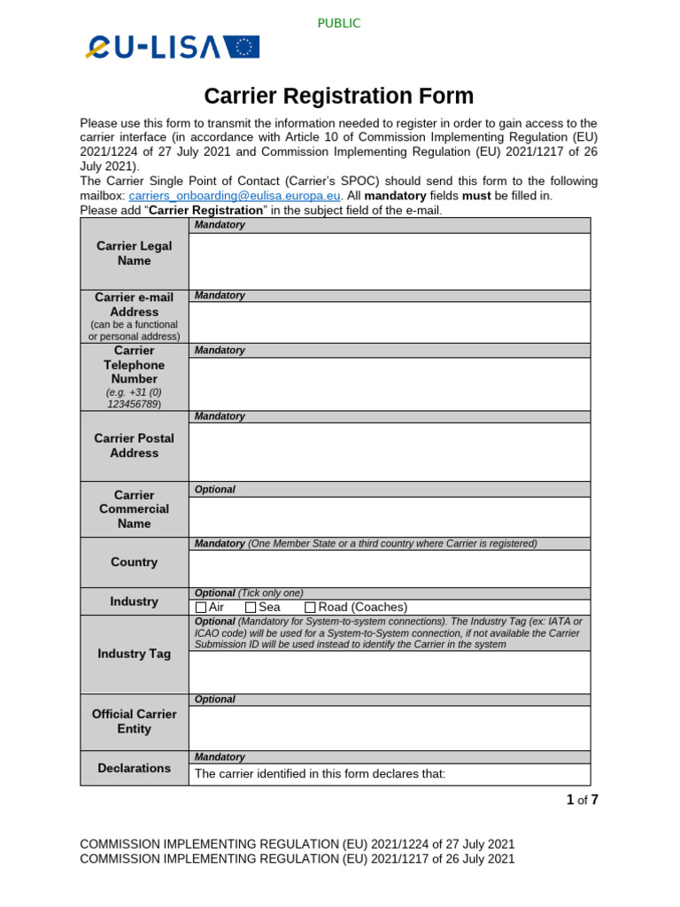 F01-Carrier Registration Form | PDF | Computer Network | European Union