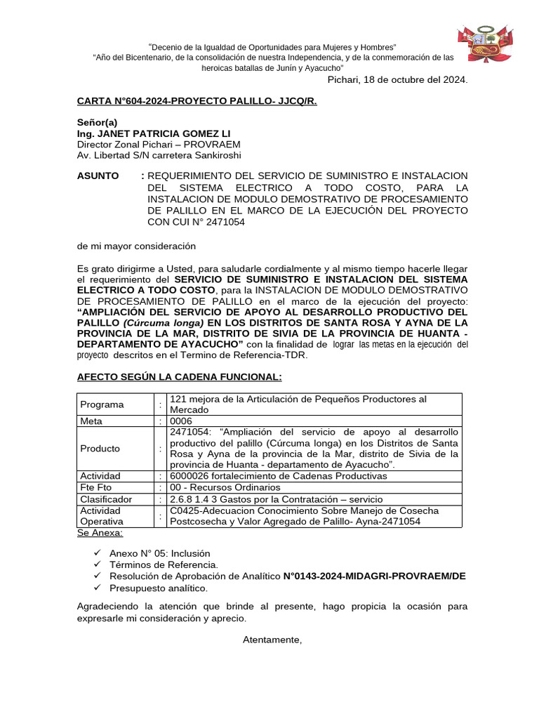Carta N 604-2024 Req.-Inst. Electrica | PDF | Presupuesto