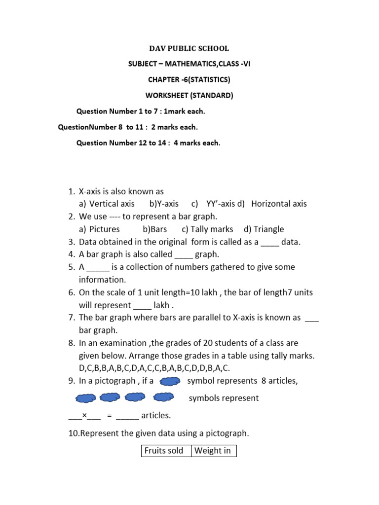 Class VI Mathematics Statistics Worksheet | PDF | Cartesian Coordinate ...