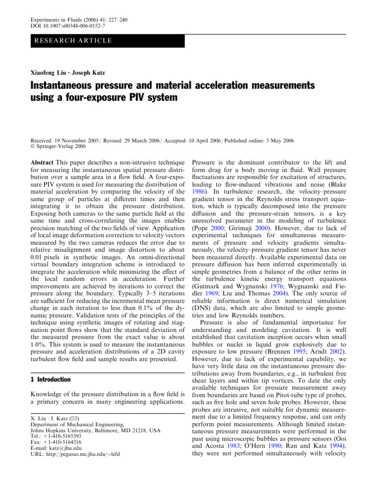 Instantaneous Pressure and Material Acceleration Measurements | PDF | Viscosity | Turbulence