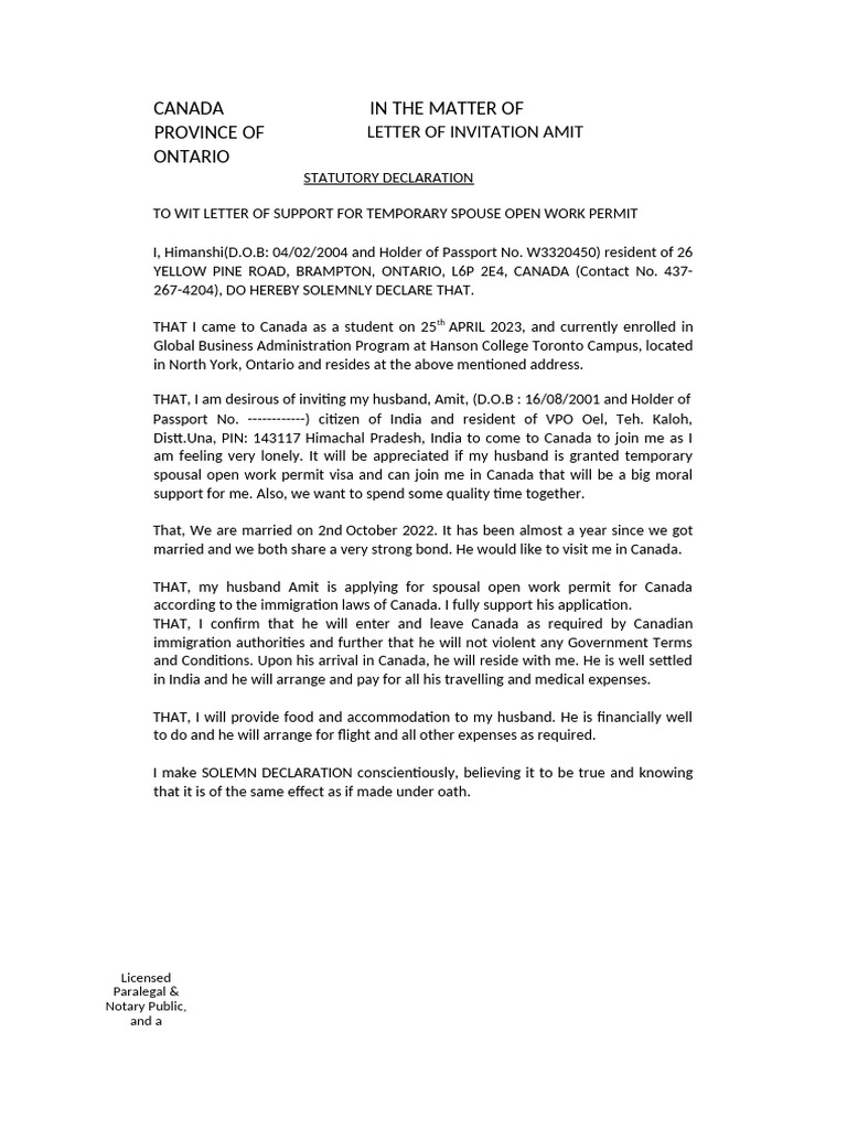 Spousal Support Declaration for Visa | PDF | International Law ...