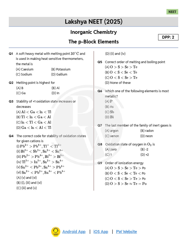 Lakshya NEET (2025) : Inorganic Chemistry The P-Block Elements | PDF ...
