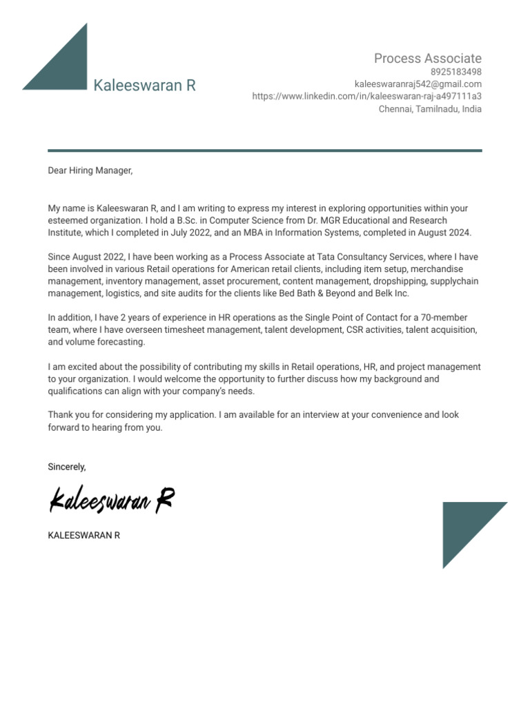 Cover Letter - Kaleeswaran | PDF