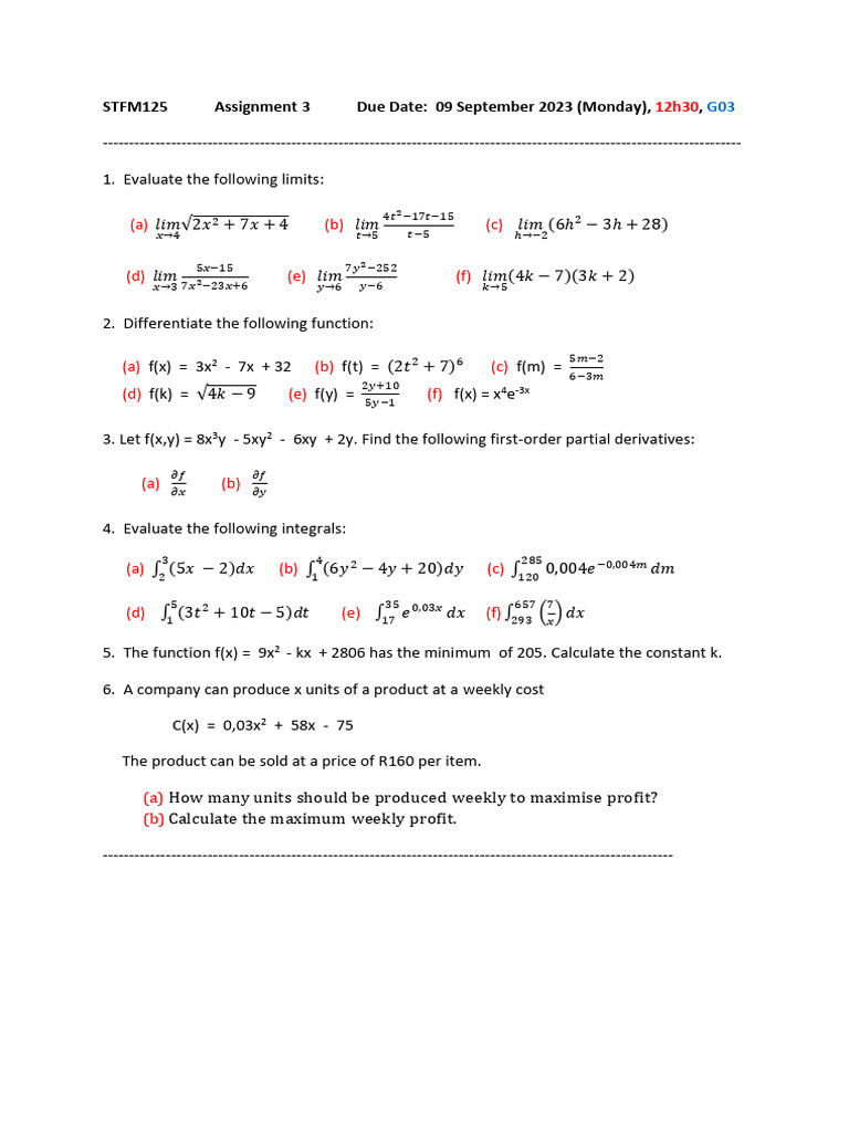 Calculus Assignment: Limits, Derivatives, Integrals | PDF | Teaching Methods & Materials
