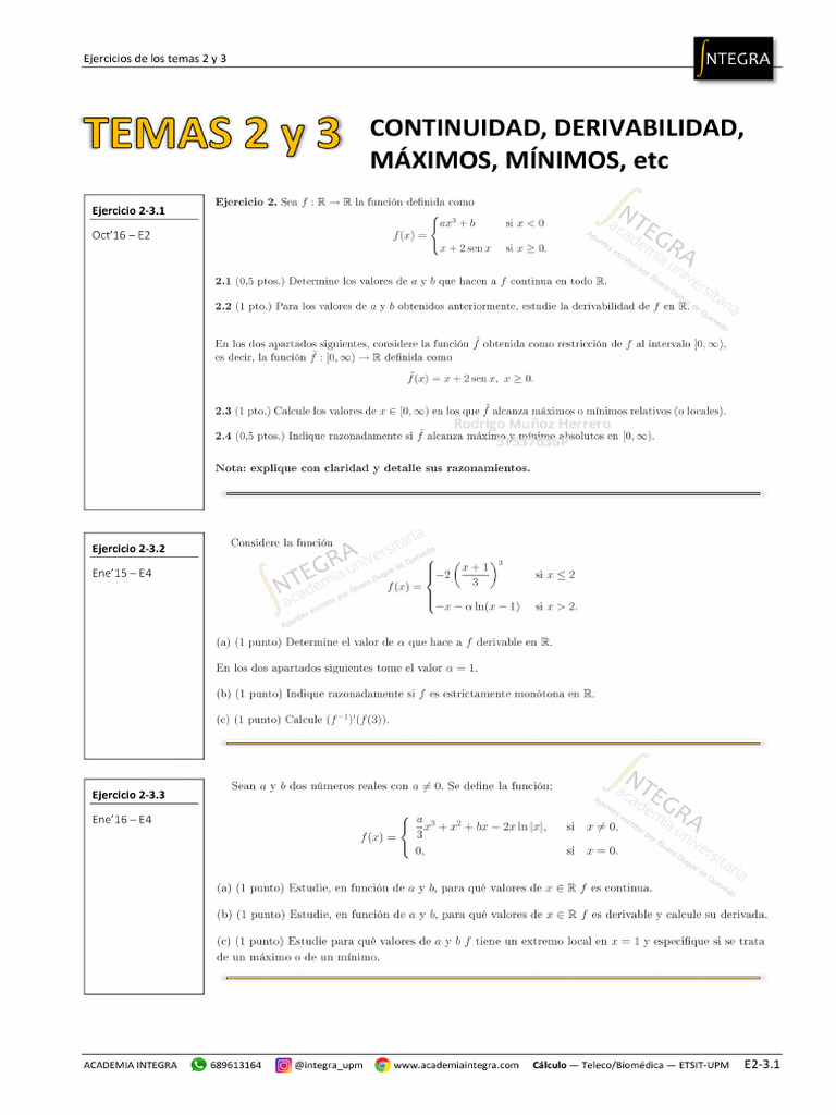 Ejercicios - Temas - 2 - y - 3 - Continuidad - Derivabilidad - Max - Min - V3 | PDF