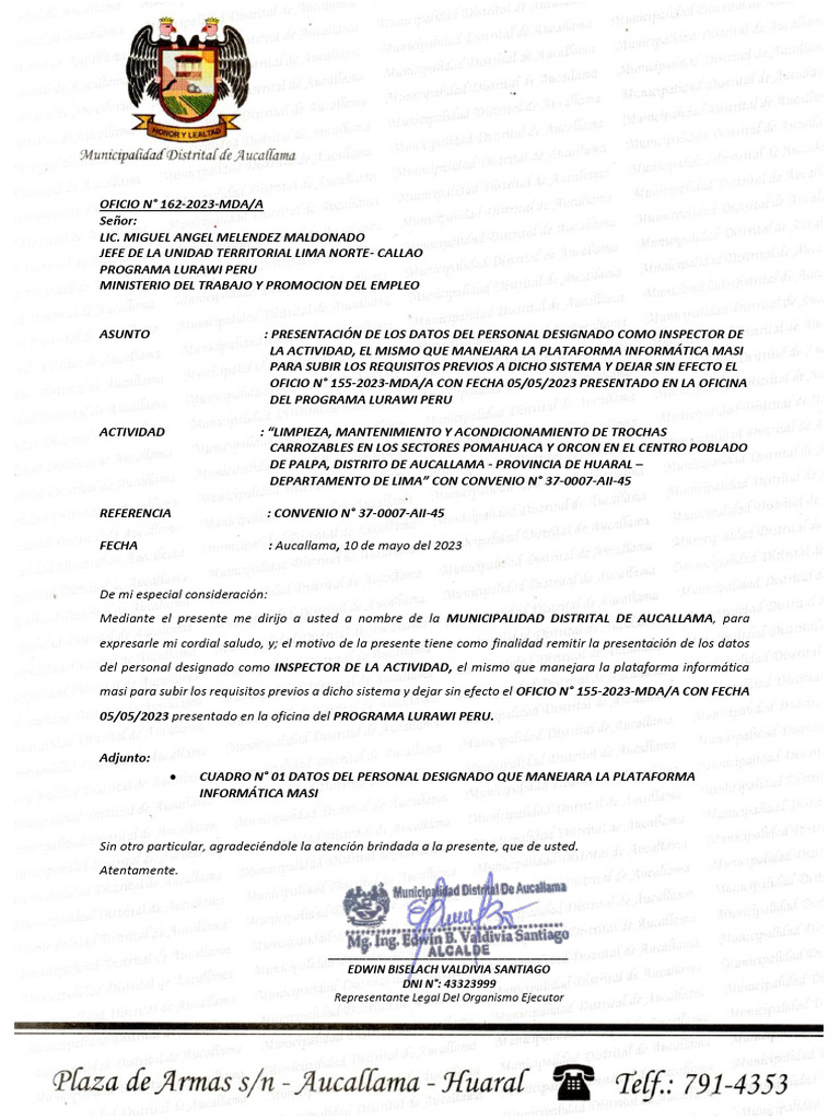 Oficio #162 Solicito Creacion Masi - Inspector | PDF