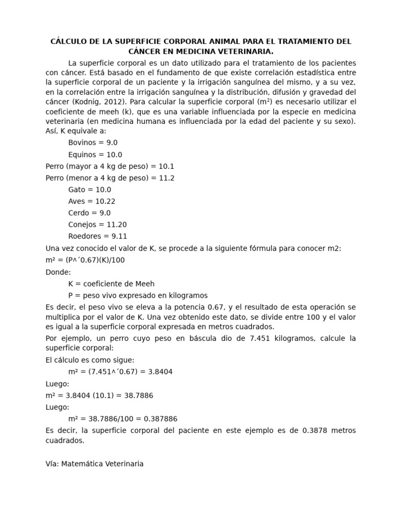Cálculo Superficie Corporal Animal P Tratamiento Cáncer Medicina ...