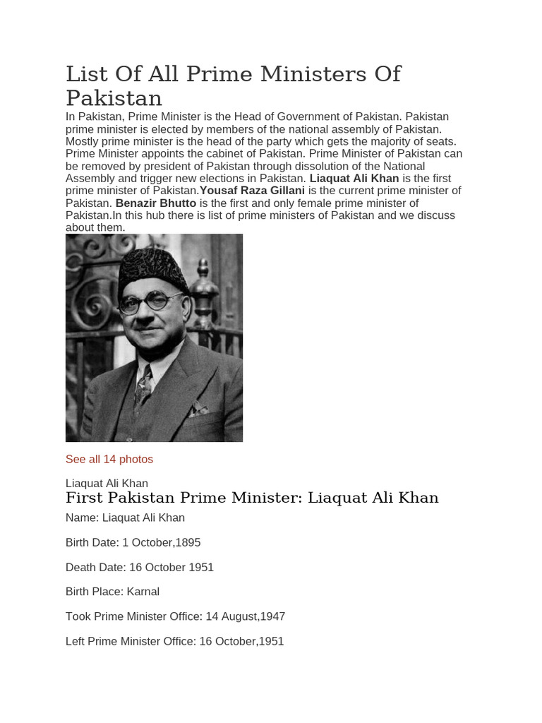 List of All Prime Ministers of Pakistan | PDF | Pakistan | Pakistan ...