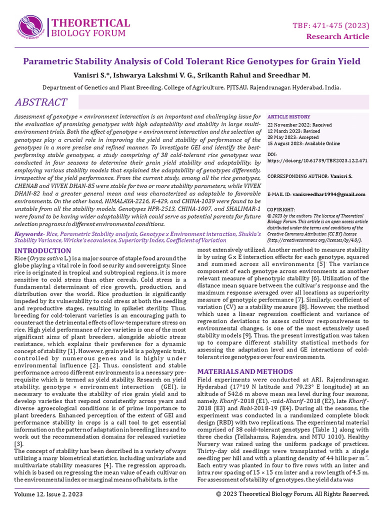 Parametric Stability Analysis of Cold Tolerant Rice Genotypes For Grain ... Parametric Stability Analysis of Cold Tolerant Rice Genotypes For Grain ...
