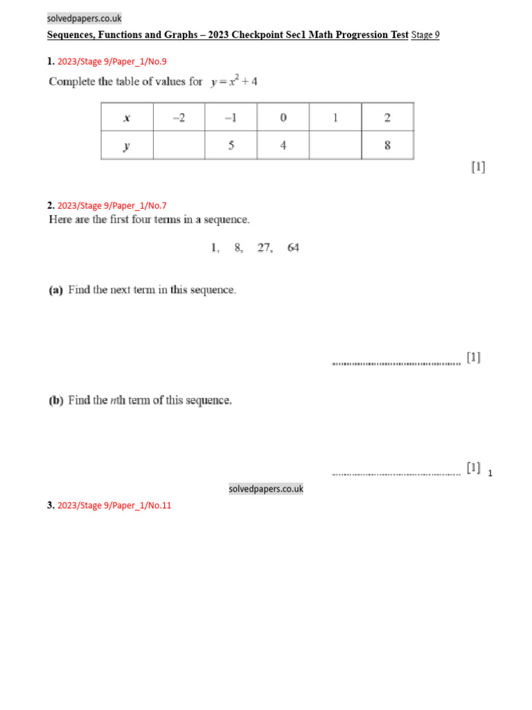 2023 Sequences Functions and Graphs Checkpoint - Sec1 - Math ...