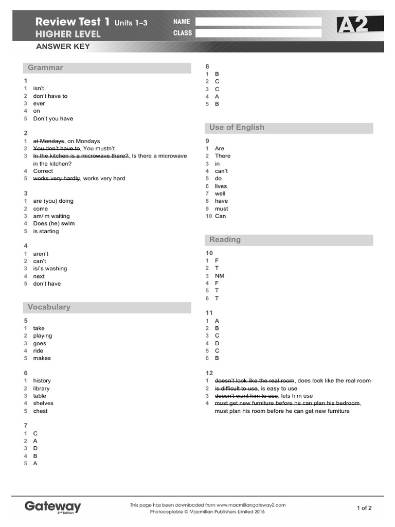 A2 Review Test 1 Answer Key Higher | PDF