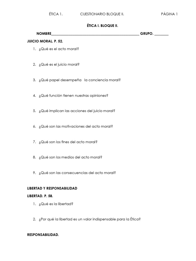 Etica I. 2017. Cuestionario Bloque II | PDF | Moralidad | Virtud