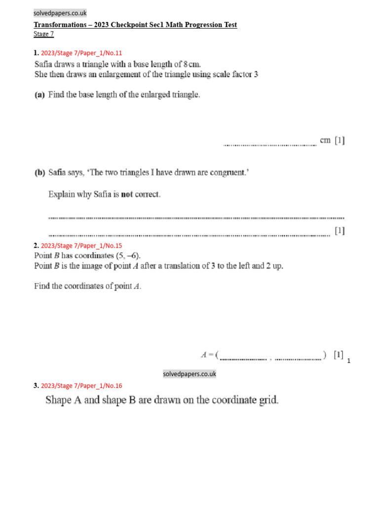 2023 Position and Transformations Checkpoint Sec1 Math Progression Stage 7 | PDF