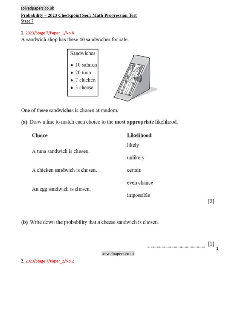 2023-Probability-Checkpoint Sec1 Math Progression Stage-7 | PDF | Teaching Methods & Materials
