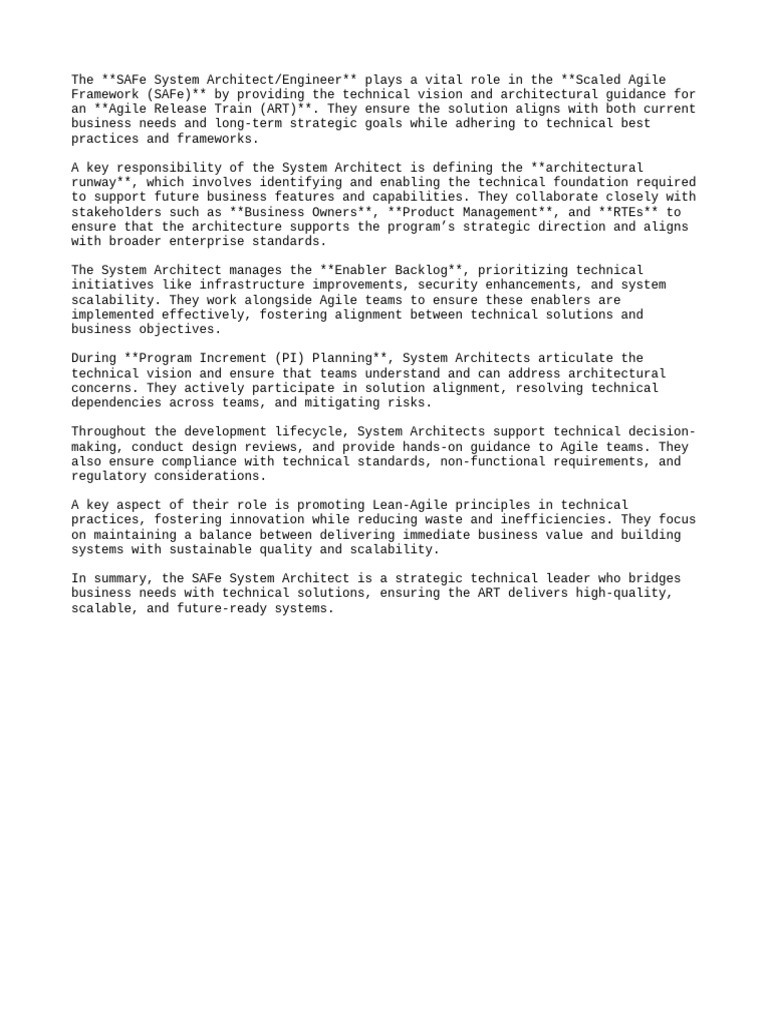 SAFe System Architect Responsibilities | PDF | Business | Art