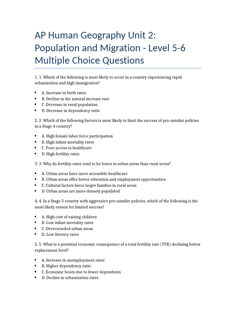 AP Human Geography: Population & Migration Quiz | PDF | Total Fertility ...