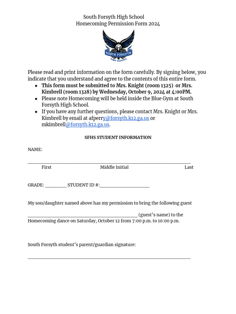 SFHS Homecoming Permission Form 2024 | PDF | Law