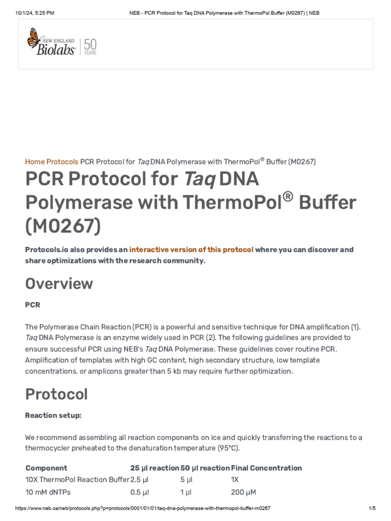 NEB - PCR Protocol For Taq DNA Polymerase With ThermoPol Buffer (M0267) - NEB | PDF | Polymerase ...
