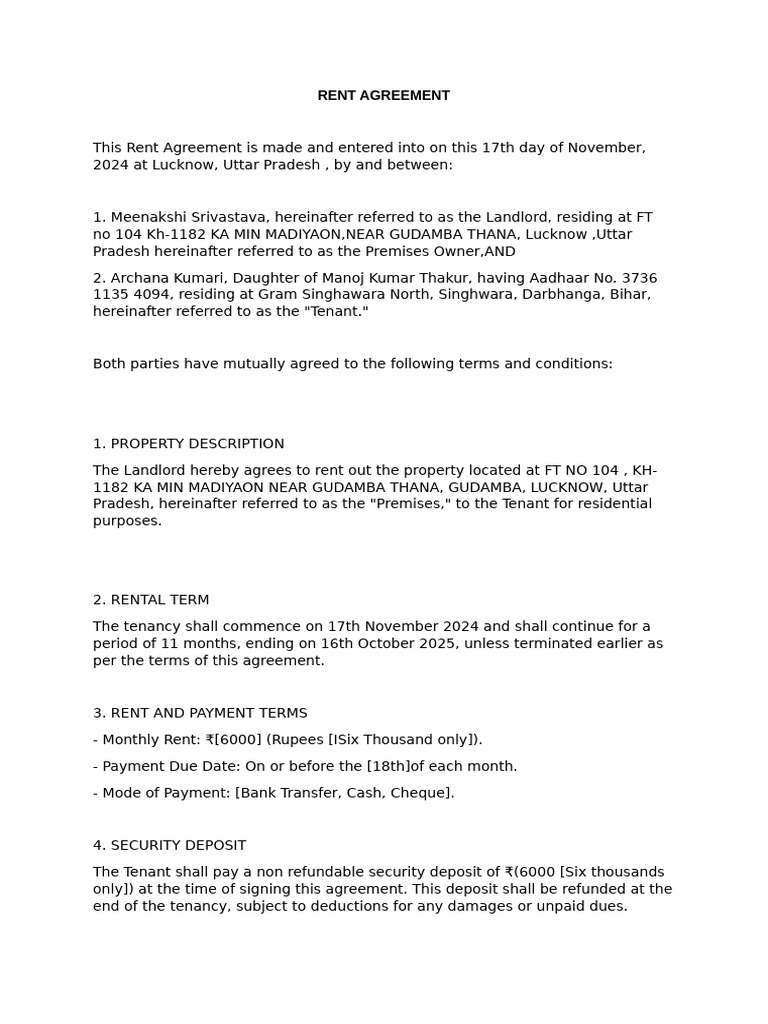 RENT AGREEMENT 1 | PDF | Leasehold Estate | Landlord