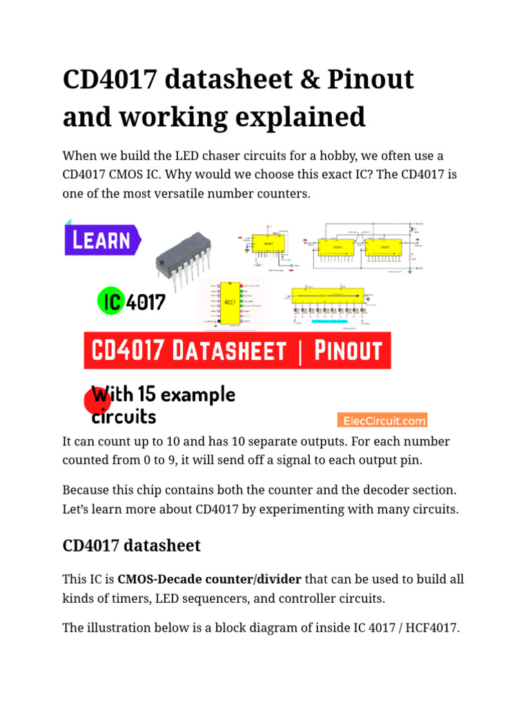CD4017 Datasheet & Pinout and Working Explained | PDF | Logic Gate | Electrical Engineering