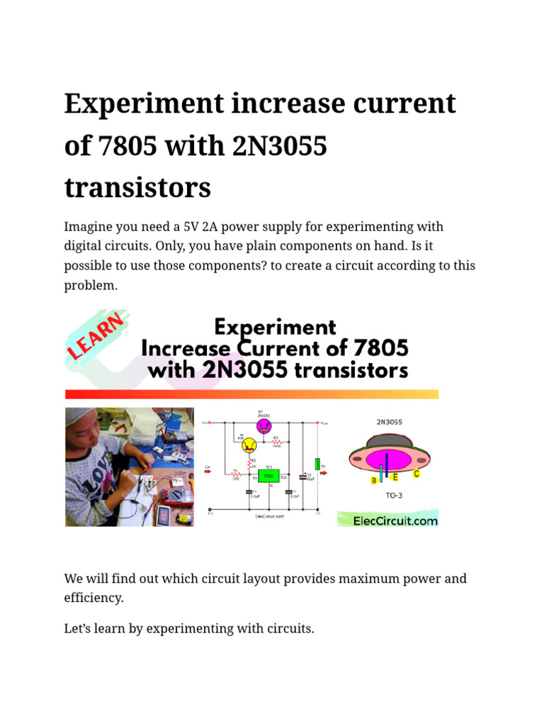 Enhancing 7805 Current with 2N3055 | PDF | Bipolar Junction Transistor ...