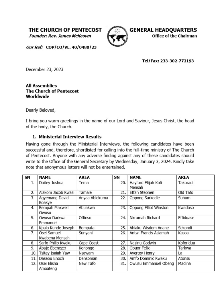 2023 December Circular - Ministerial Candidates and PENSA FINAL | PDF 2023 December Circular - Ministerial Candidates and PENSA FINAL | PDF