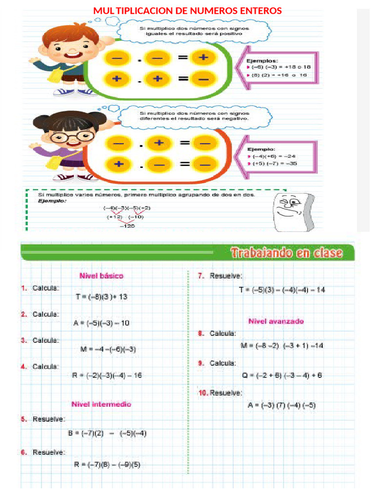Mul Tiplicacion de Numeros Enteros-5to Grado | PDF