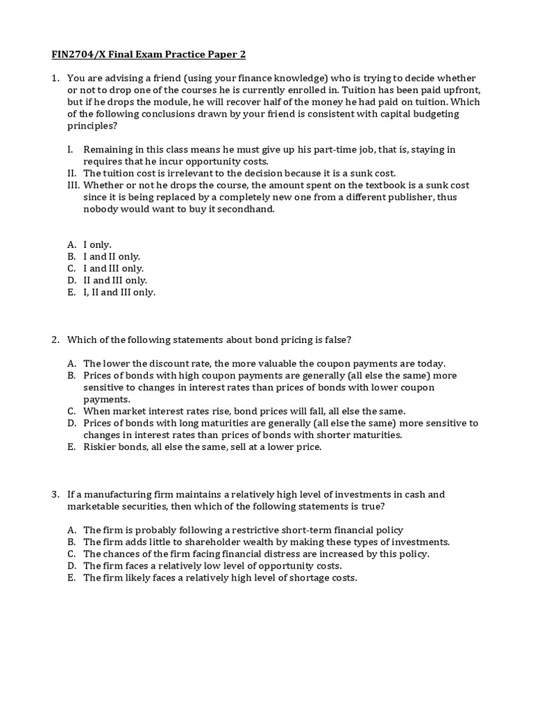 Finance Final Exam Practice Questions | PDF | Bonds (Finance) | Balance ...