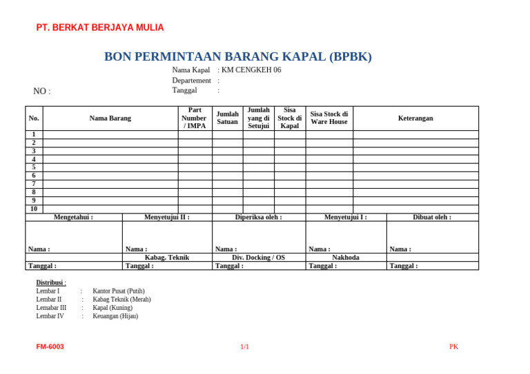 Fm-6003. Bon Permintaan Barang Kapal (BPBK) | PDF
