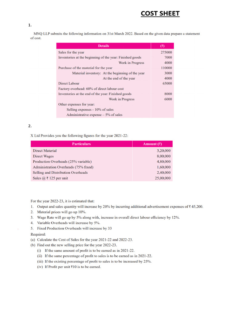 Cost Sheet-2 | PDF
