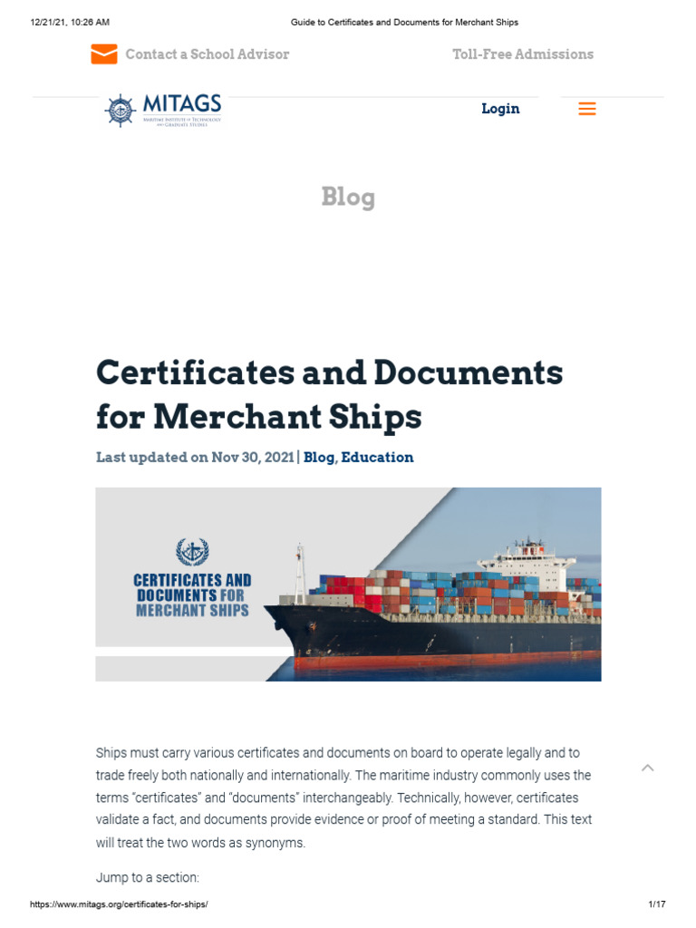 Guide To Certificates and Documents For Merchant Ships | PDF | Tonnage ...