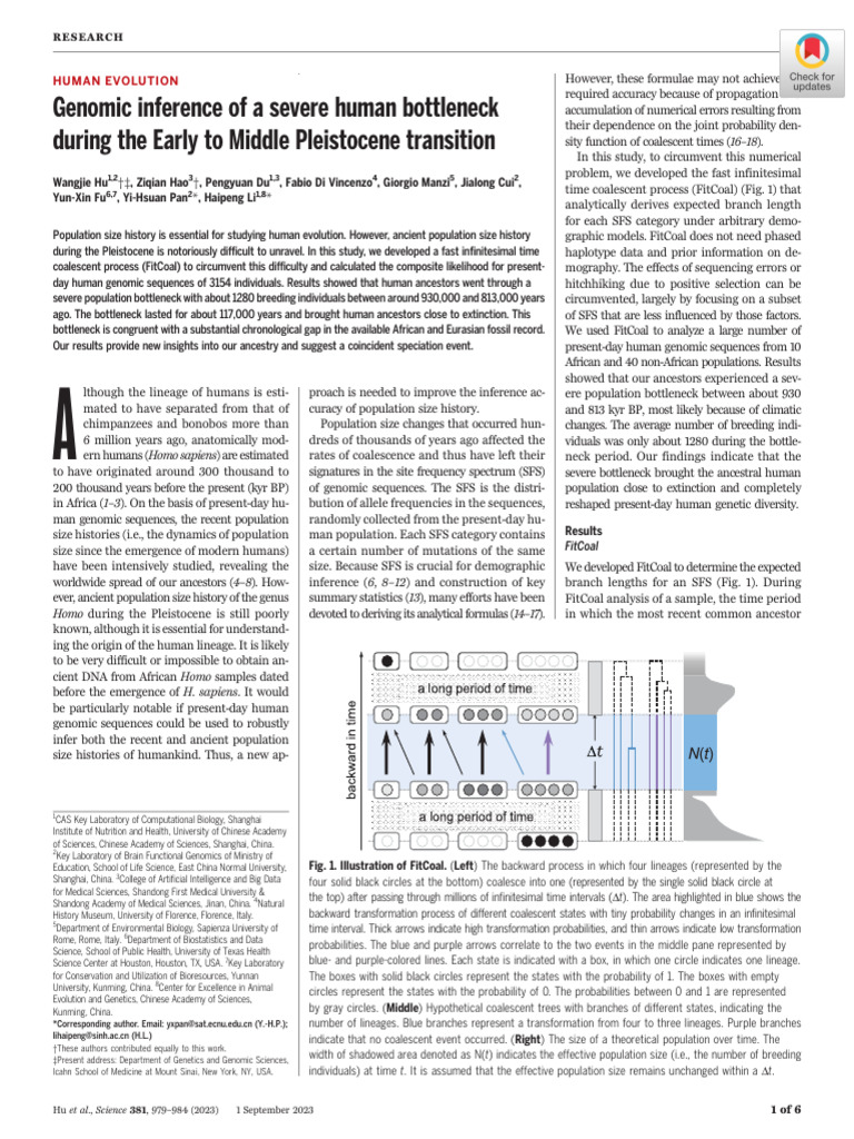 13.2 - Feb 15 - Hu Etal (2023) Human Bottleneck | PDF | Homo | Human