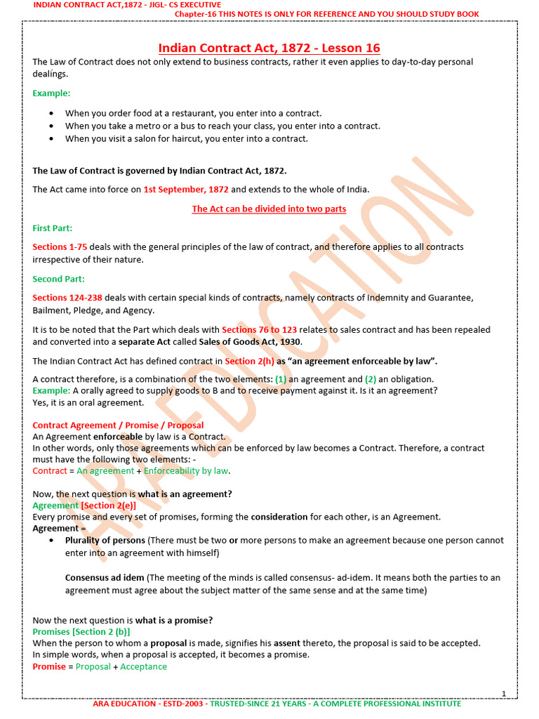 JIGL-16-Chapter-Indian Contract Act 1872 | PDF | Offer And Acceptance ...