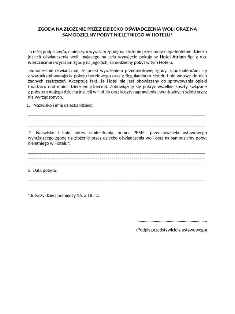 Zgoda Na Samodzielny Pobyt Nieletniego W Hotelu | PDF