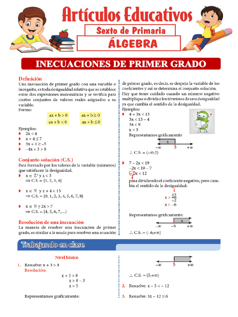Inecuaciones de Primer Grado para Sexto de Primaria | PDF