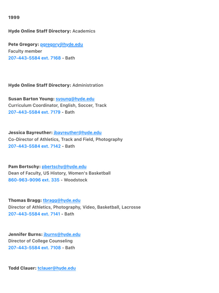 1999 Hyde School Faculty and Staff Directory | PDF
