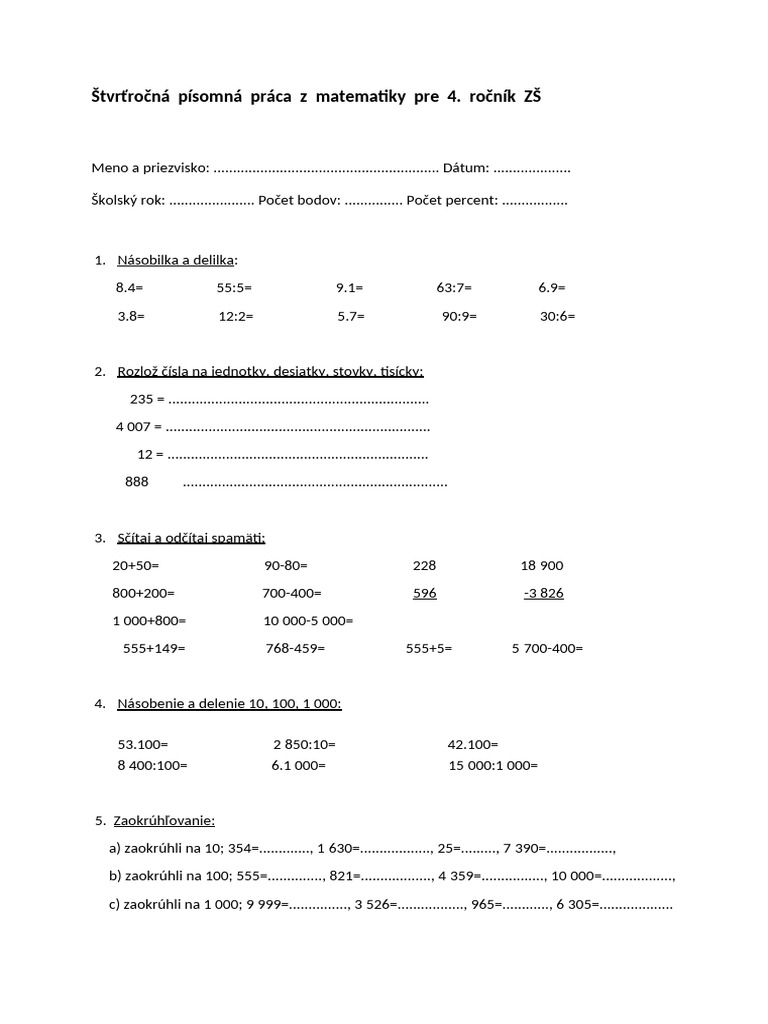 Štvrťročná Písomná Práca Z Matematiky Pre 4. Ročník ZŠ | PDF