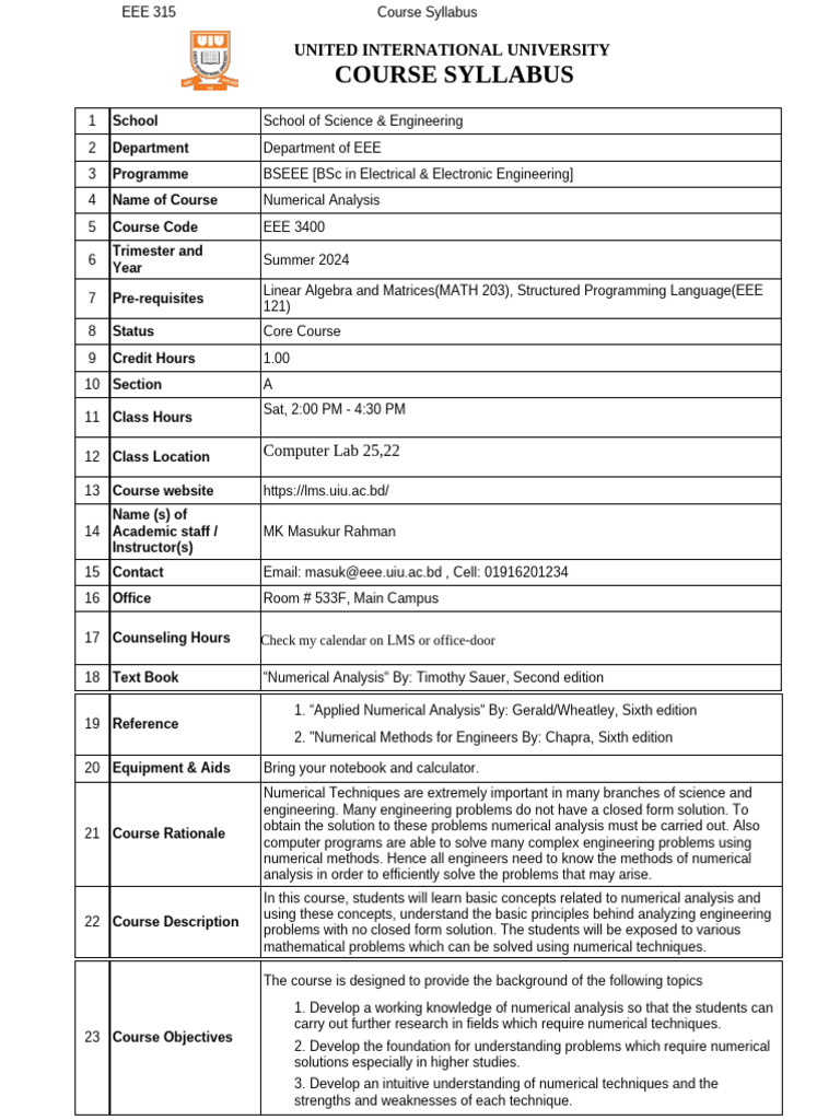 EEE 3400 - Course Syllabus - 242 - MKMR | PDF | Numerical Analysis ...