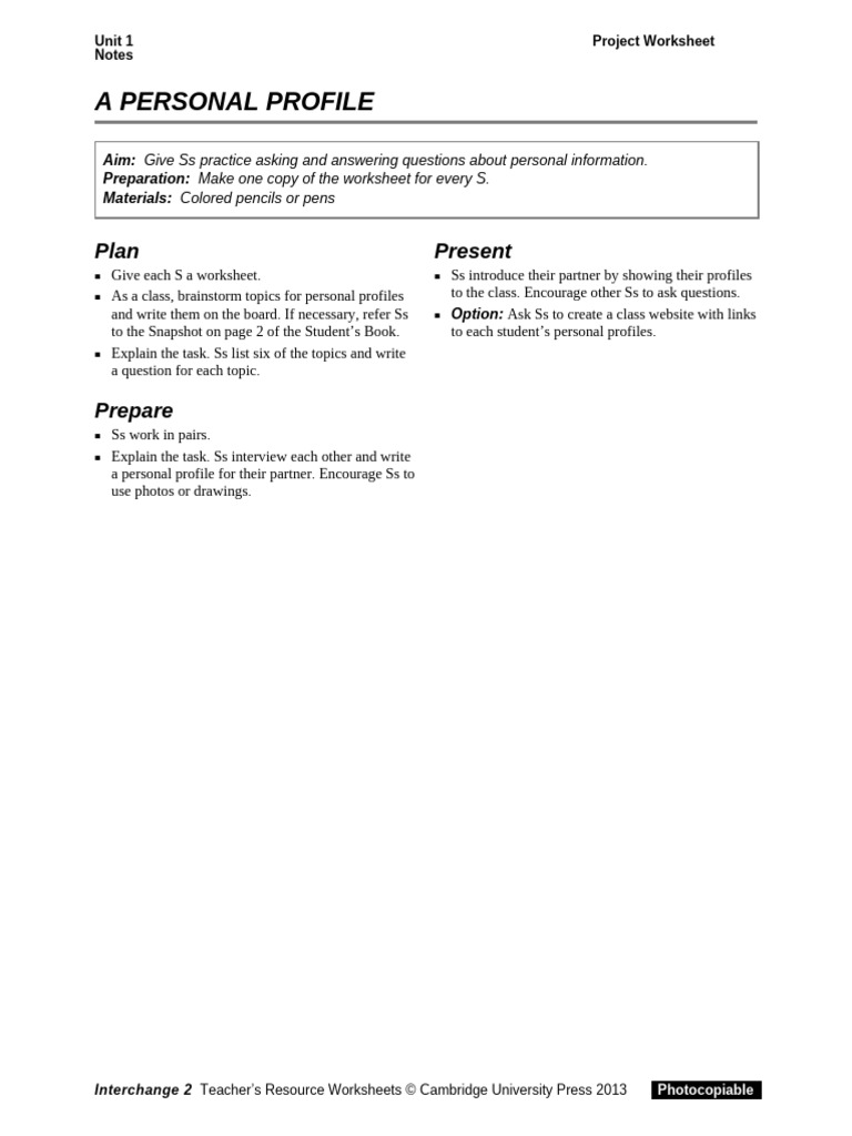 Interchange4thEd Level2 Unit01 Project Worksheet | PDF | Language Arts & Discipline