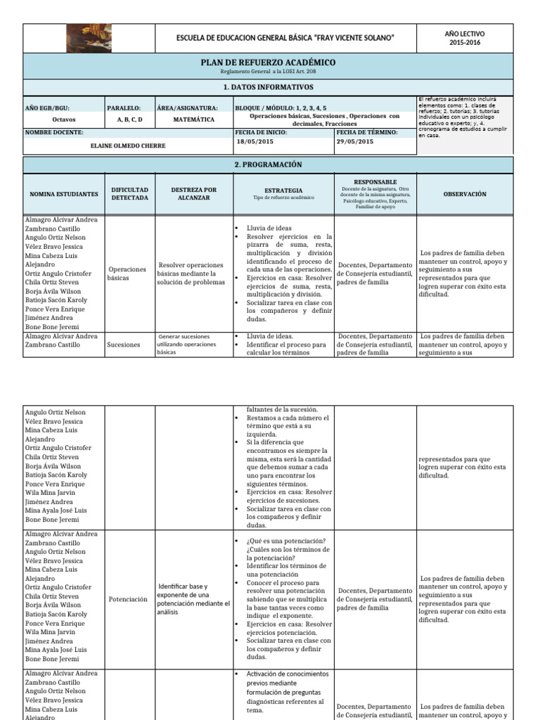Plan de Refuerzo Academico | PDF | Exponenciación | Matemática Elemental Plan de Refuerzo Academico | PDF | Exponenciación | Matemática Elemental