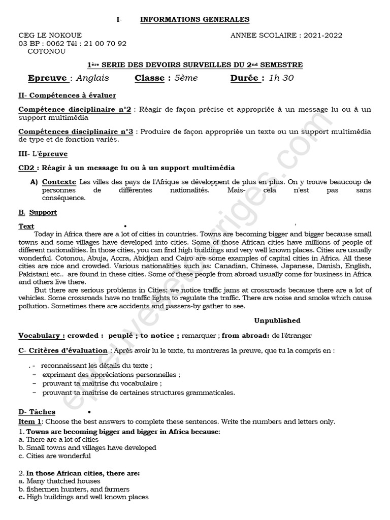 1er Devoir Du 2ème Semestre Anglais 5ème 2021-2022 Ceg Le Nokoue | PDF