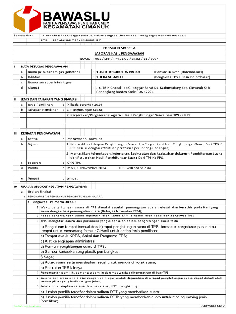 Formulir Model A Cimanuk Khusus PTPS (Penghitungan Suara Dan Pergeseran ...