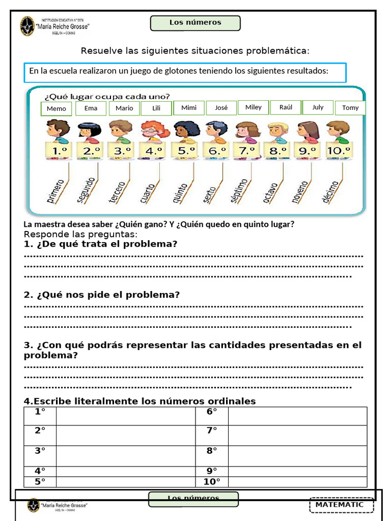 Ficha Numeros Ordinales Hasta El 10 | PDF