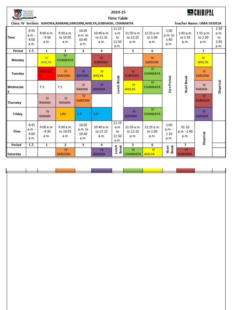 Class IV Timetable 2024-25 | PDF